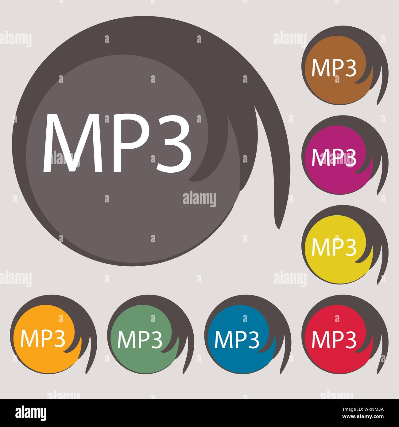 Mp3 music format sign icon. Musical symbol. Symbols on eight colored ...