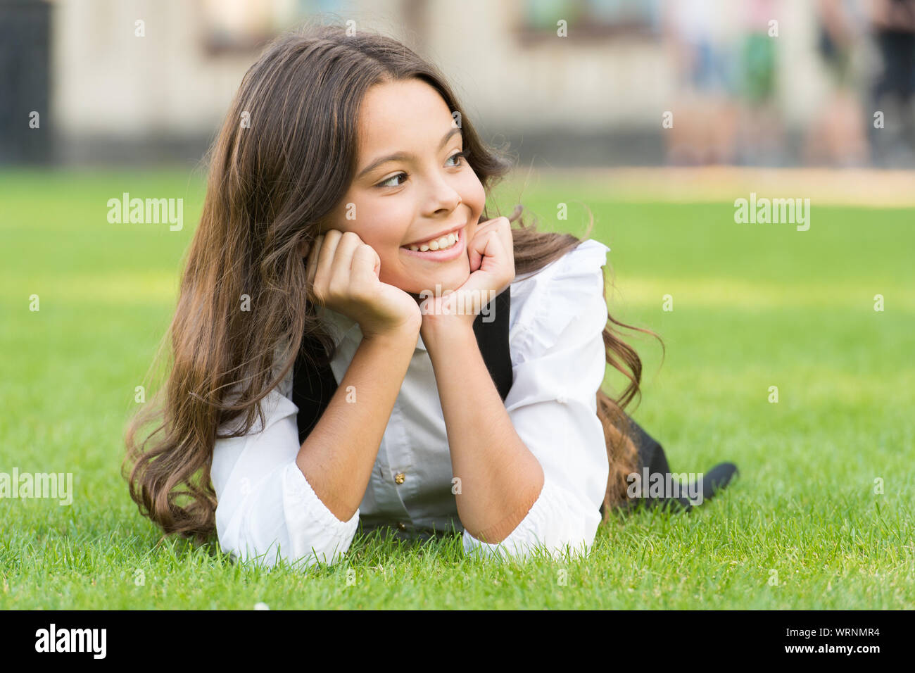 School break for rest. Adorable pupil. Girl kid laying lawn. Mental ...