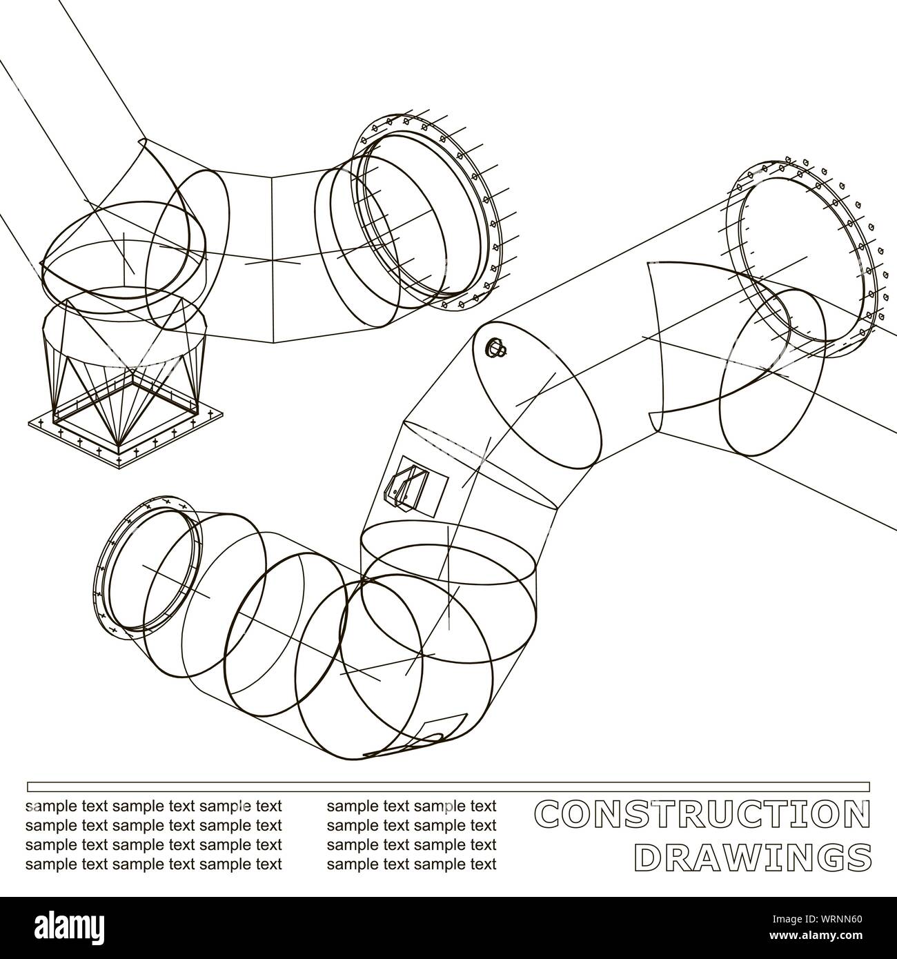 Drawings of steel structures. Pipes and pipe. 3d blueprint of steel ...