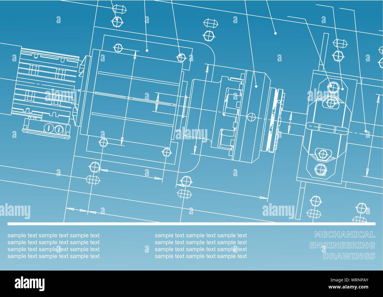 Mechanical engineering drawings on a light blue and white background ...