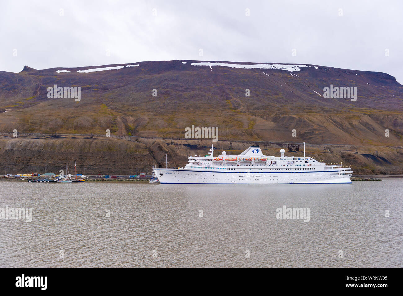A cruise ship in the Svalbard fjord, Longyearbyen, Svalbard, Norway ...