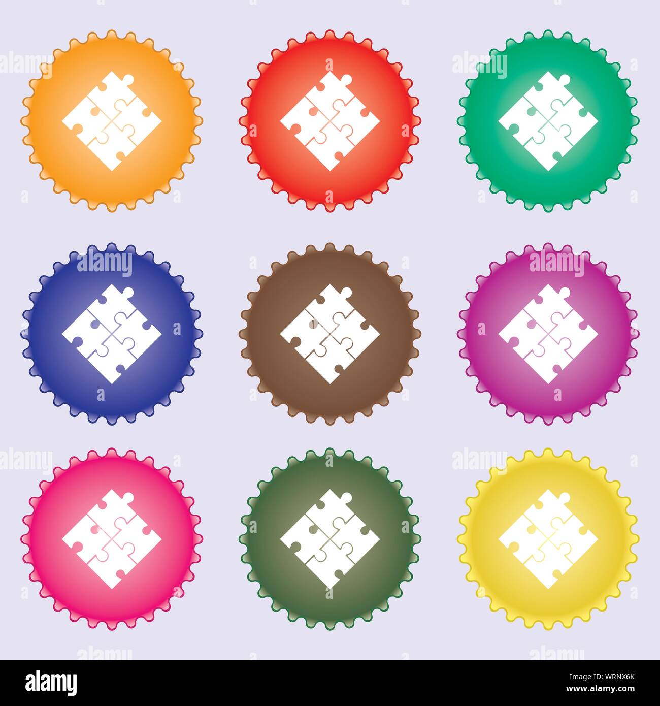 Puzzle piece icon sign. A set of nine different colored labels. Vector ...