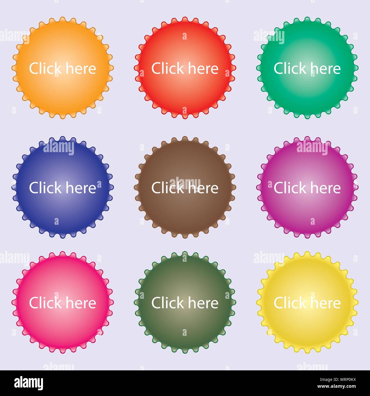 Click here sign icon. Press button. A set of nine different colored ...