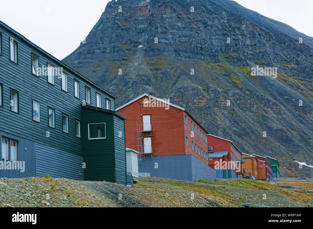 Row of multi colored buildings in the village of Longyearbyen, Svalbard ...
