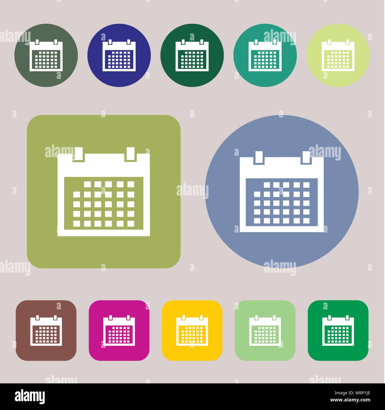 Calendar sign icon. days month symbol. Date button. 12 colored buttons ...