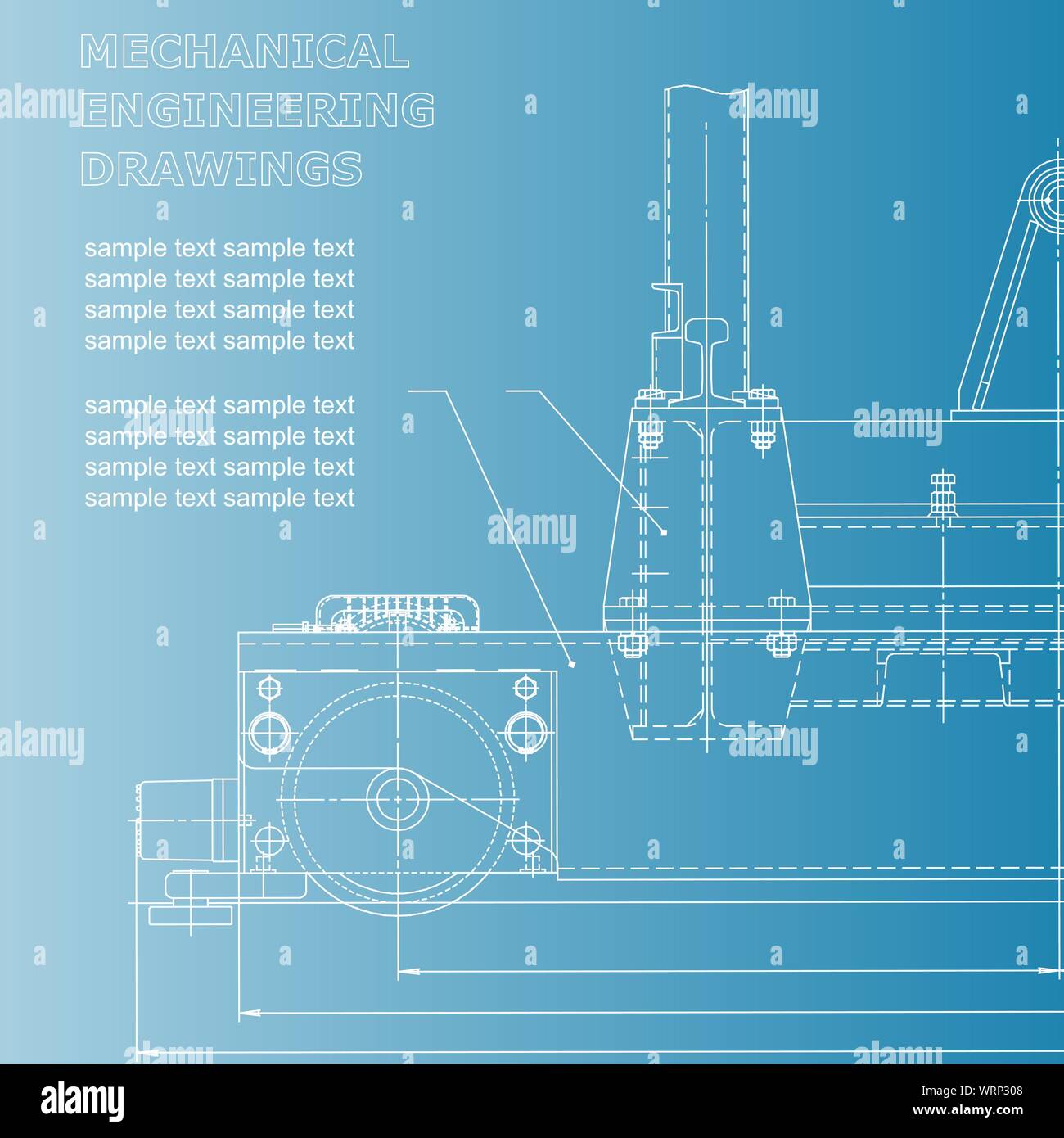 Mechanical engineering drawings on a blue and white background Stock ...