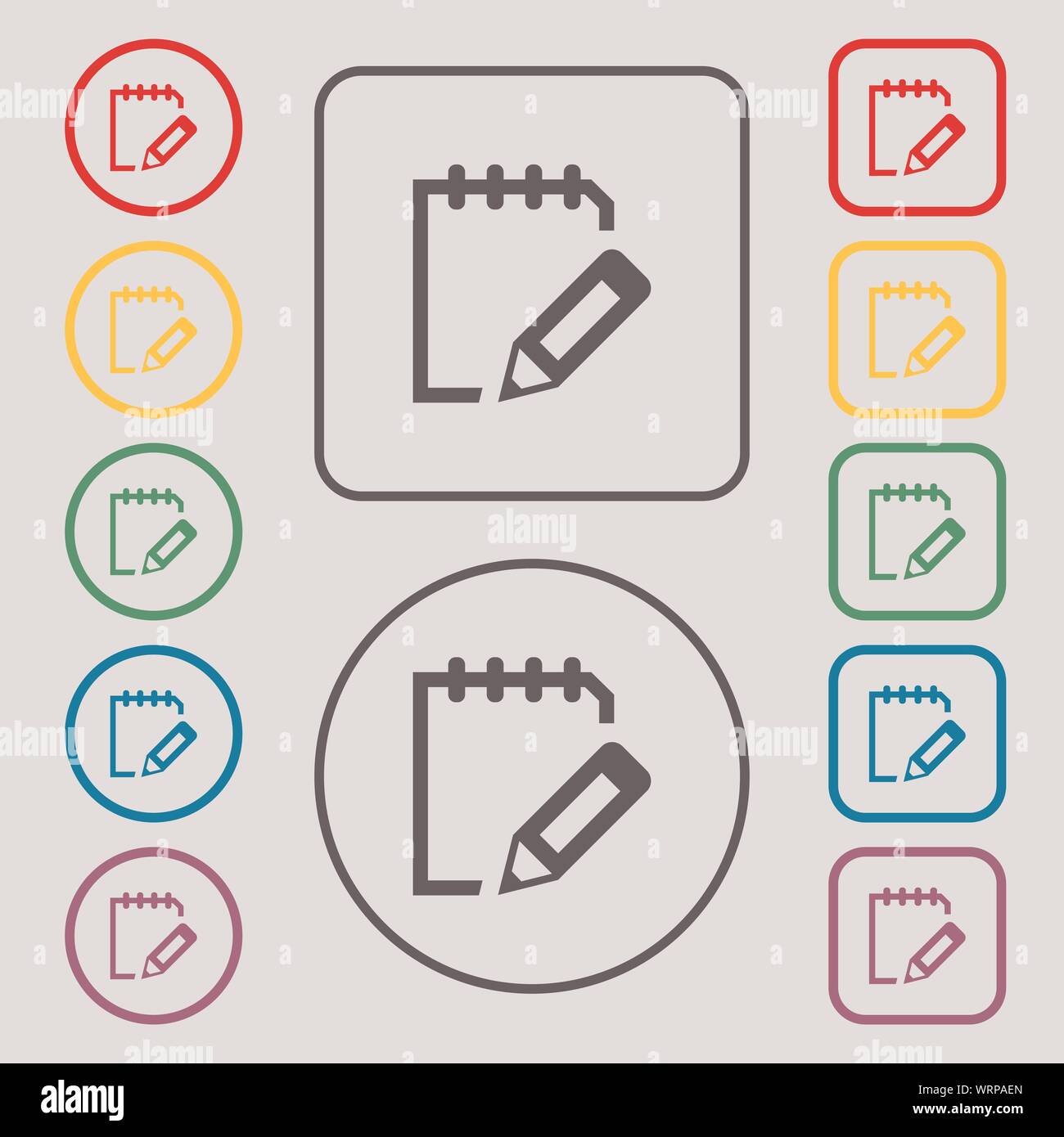 Edit document sign icon. Symbols on the Round and square buttons with ...