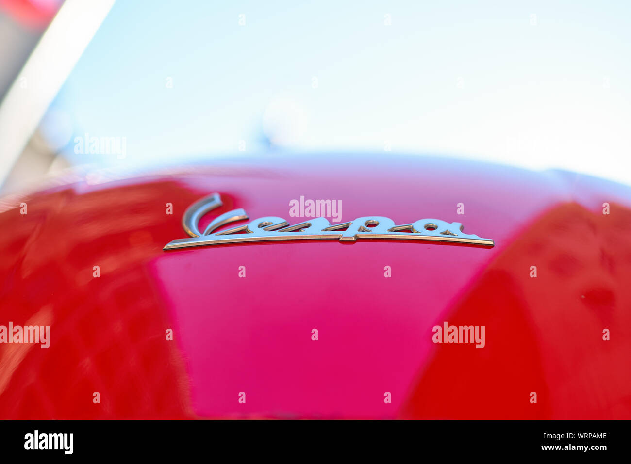 COLOGNE, GERMANY - CIRCA SEPTEMBER, 2018: close up shot of Vespa sign ...