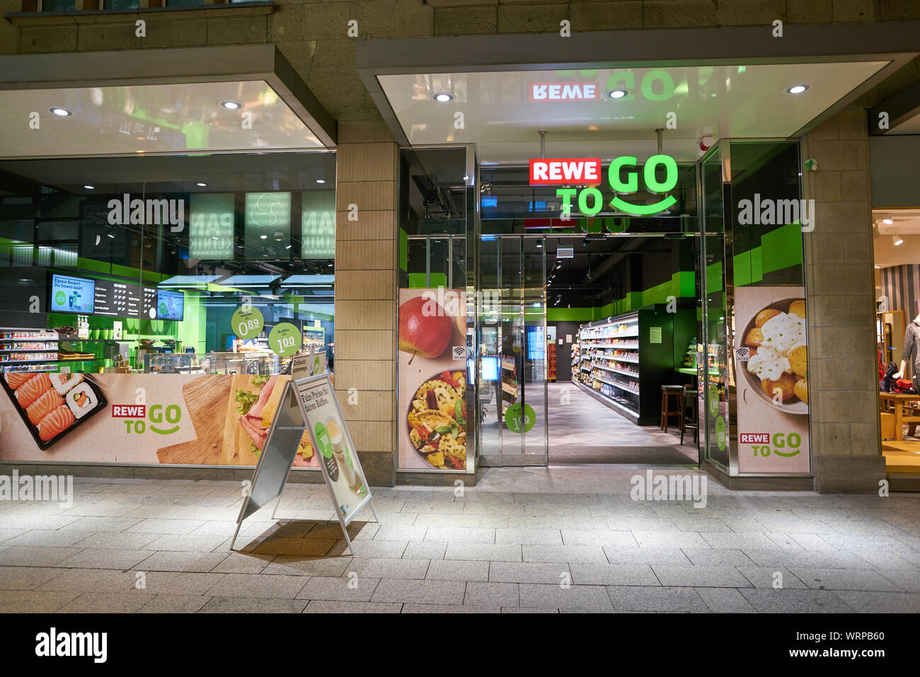 COLOGNE, GERMANY - CIRCA SEPTEMBER 2018: entrance to REWE To Go. The ...
