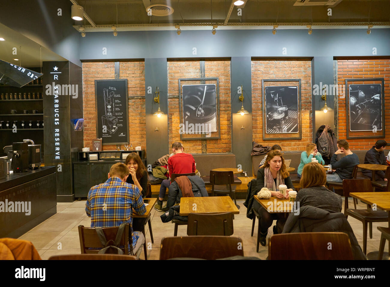 MOSCOW, RUSSIA - CIRCA OCTOBER, 2018: interior shot of Starbucks in ...