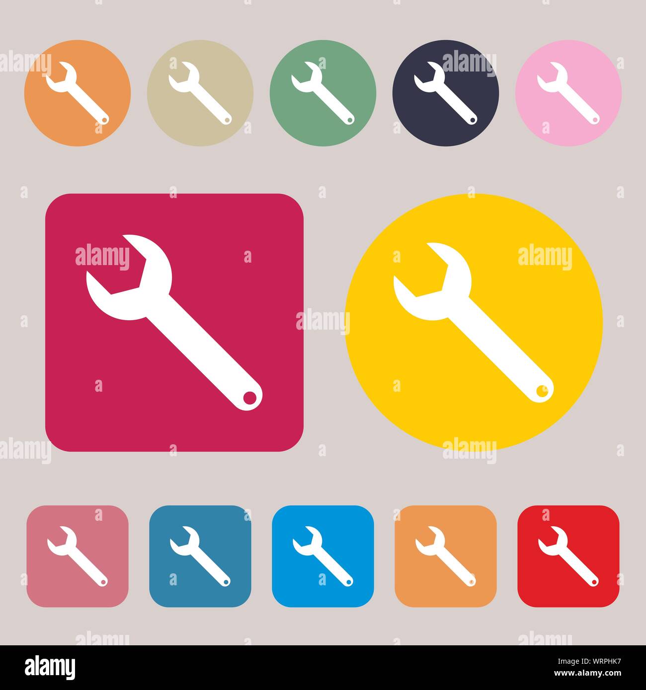 Wrench key sign icon. Service tool symbol. 12 colored buttons. Flat ...