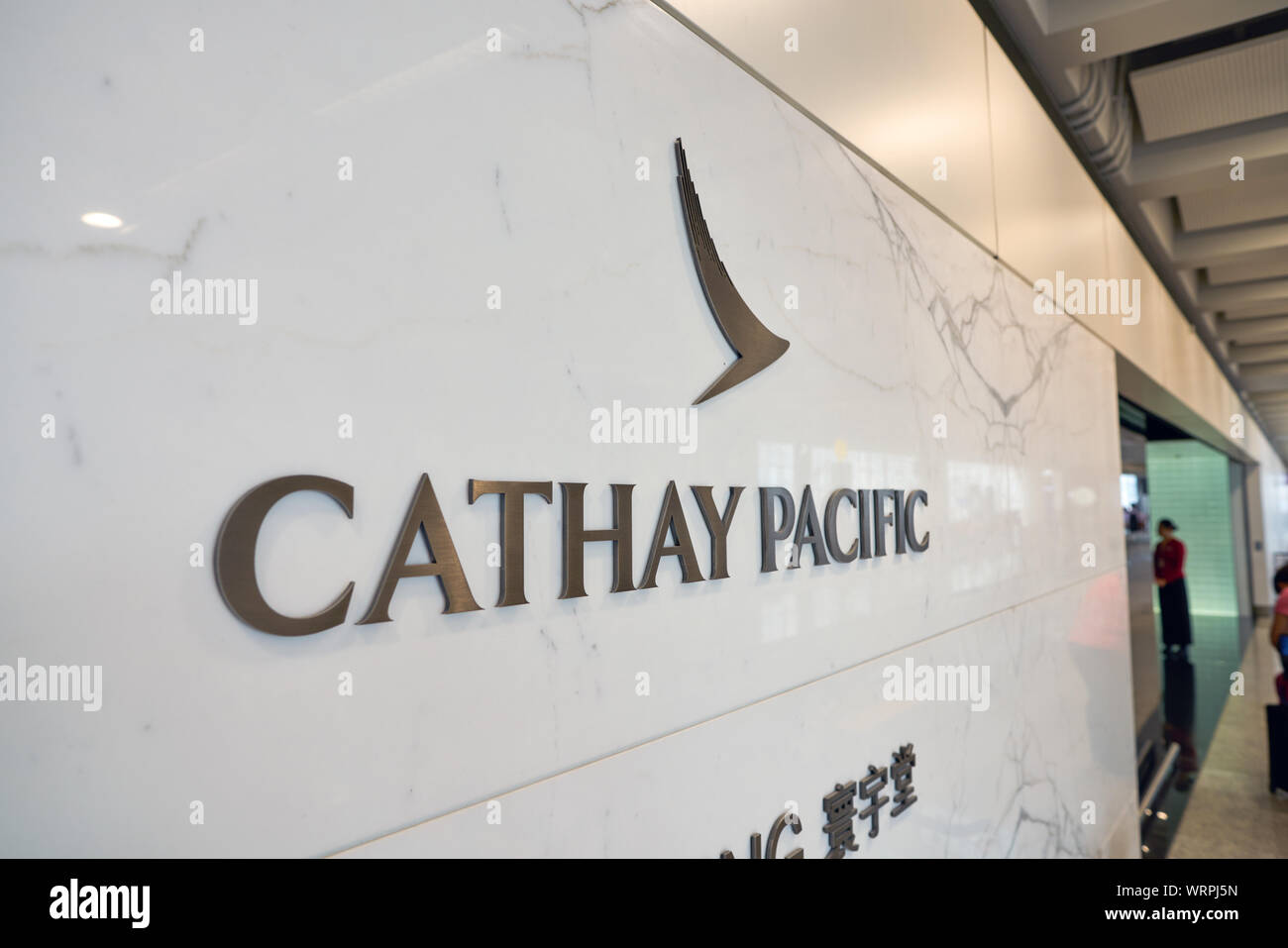 HONG KONG, CHINA - CIRCA APRIL, 2019: close up shot of Cathay Pacific ...
