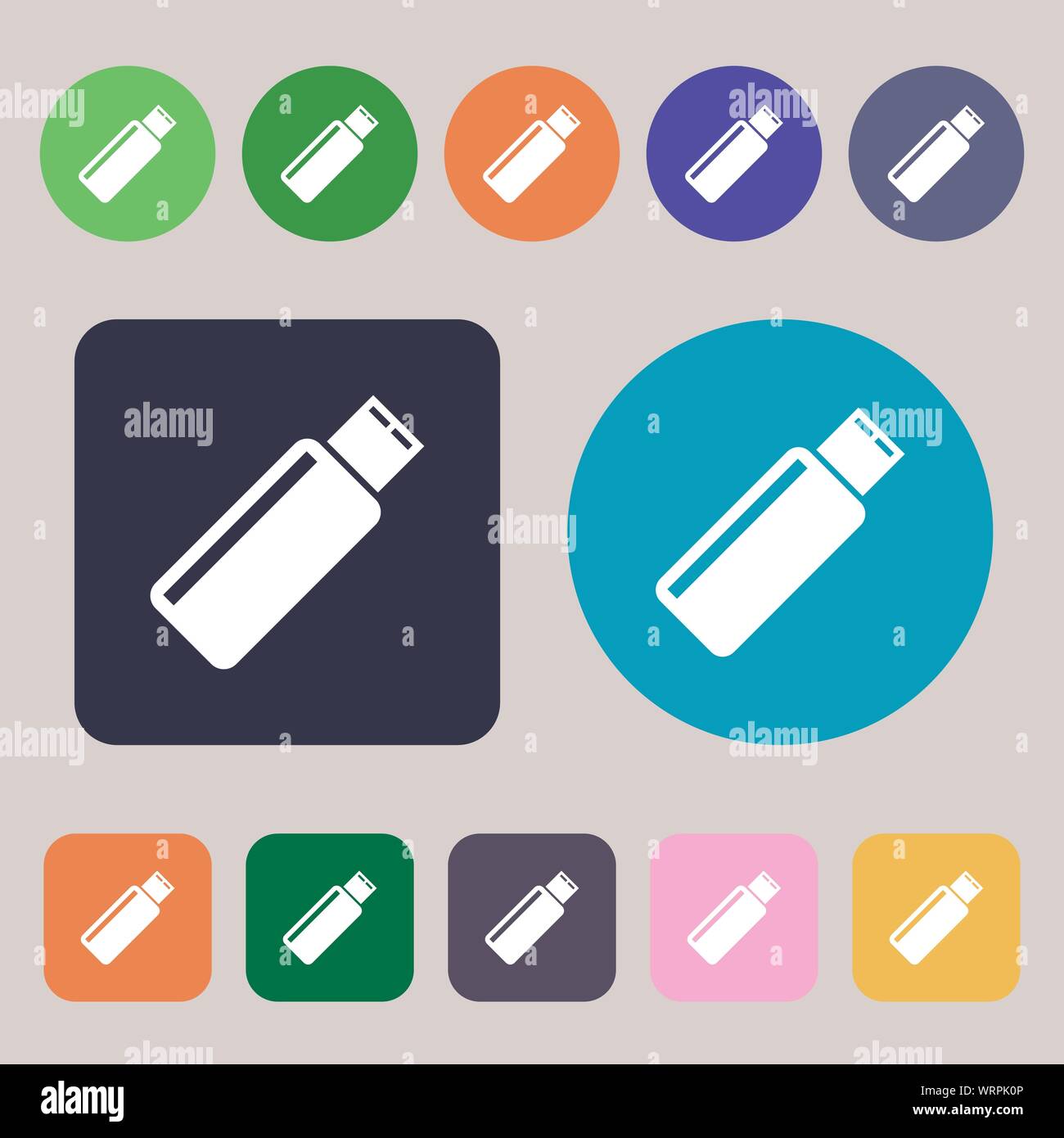 Usb sign icon. flash drive stick symbol. 12 colored buttons. Flat ...