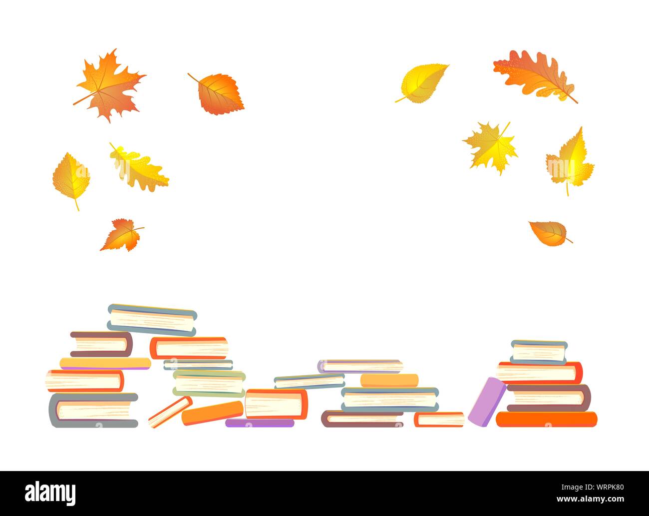 Stack of books framed with falled leaves on a white background. Autumn ...