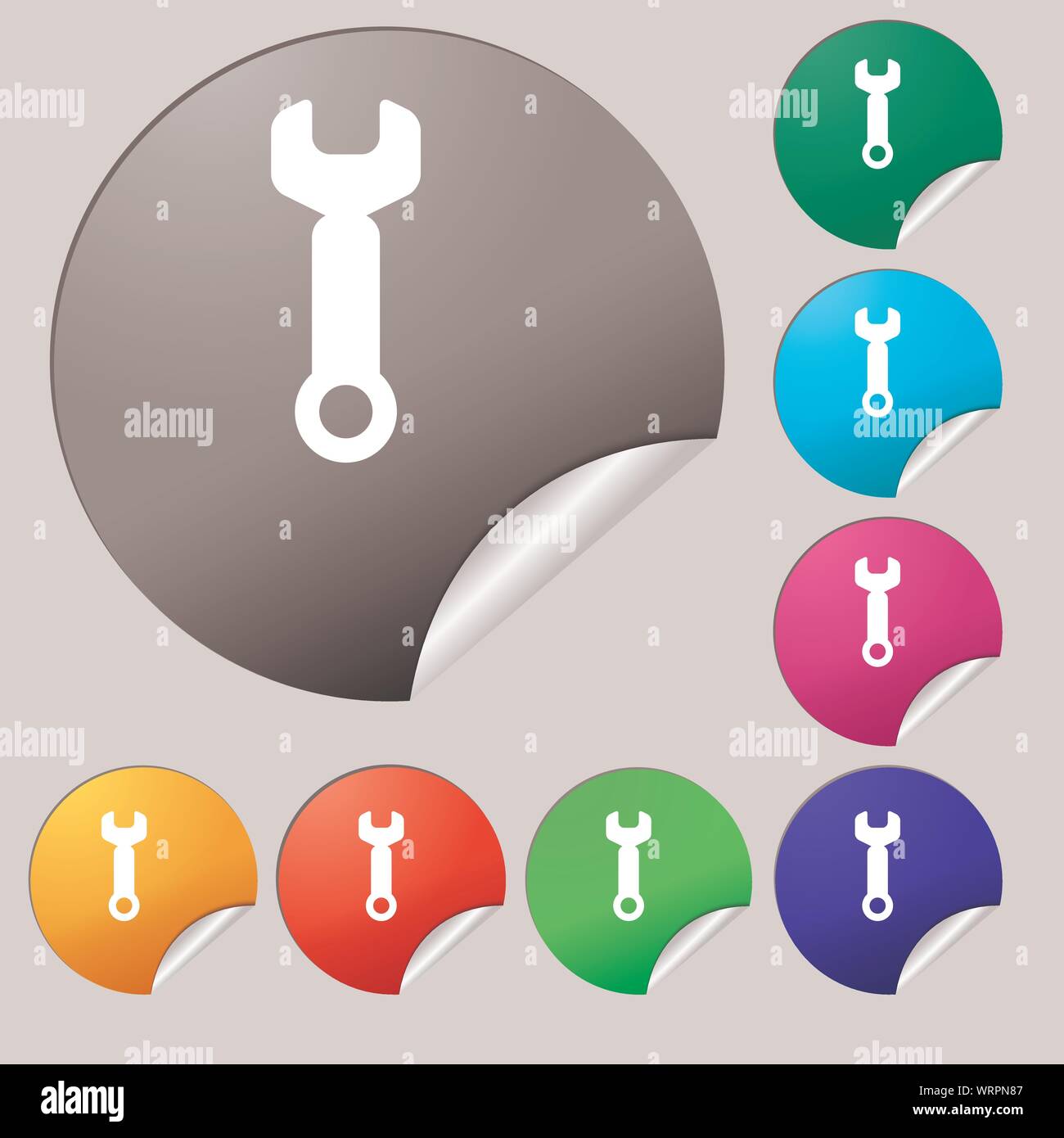 Wrench key sign icon. Service tool symbol. Set of eight multi colored ...
