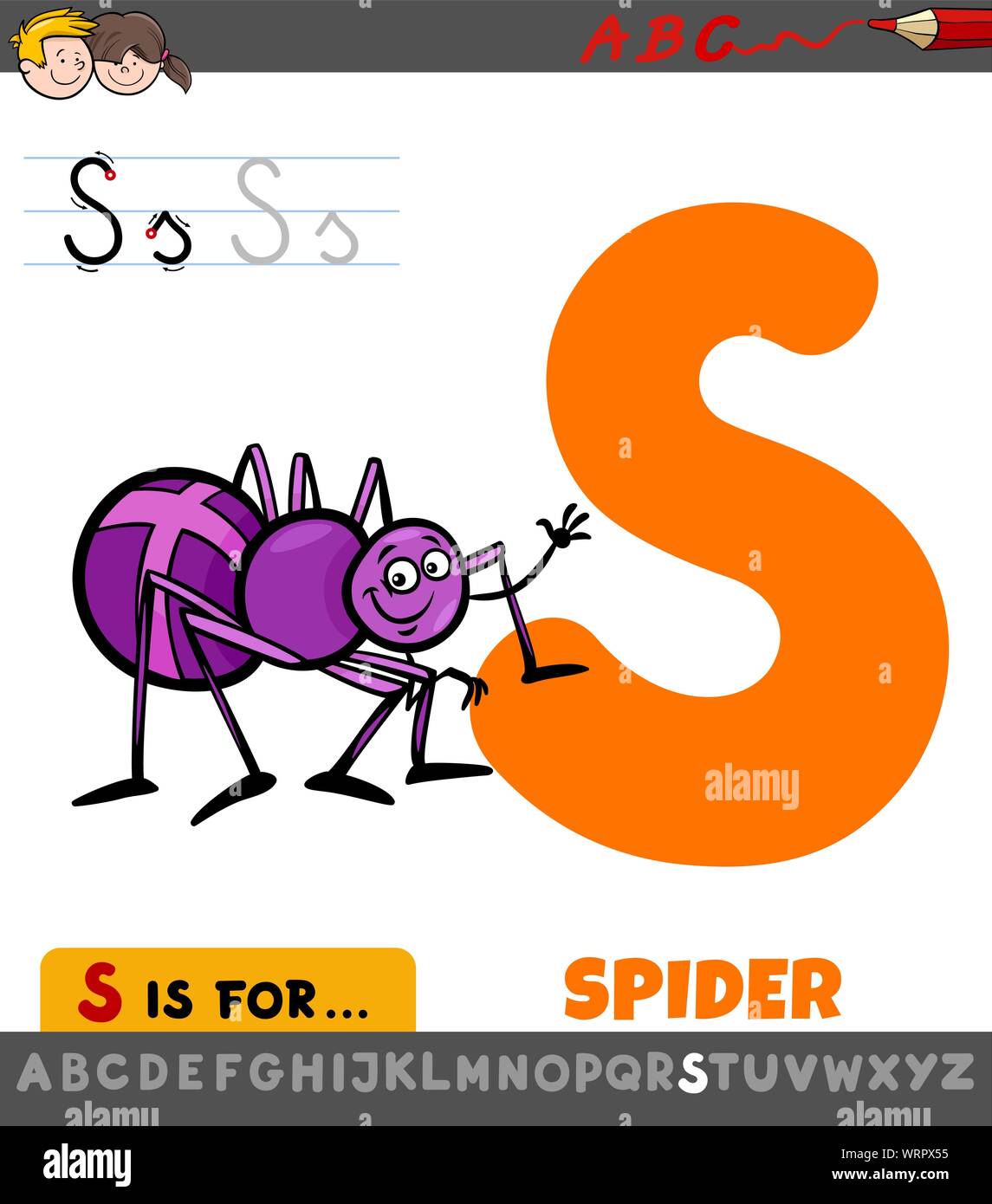 Educational Cartoon Illustration of Letter S from Alphabet with Spider ...