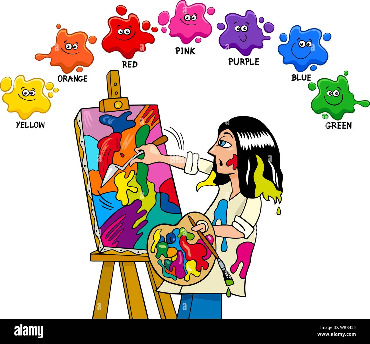 Cartoon Illustration of Basic Colors Educational Worksheet with Artist ...