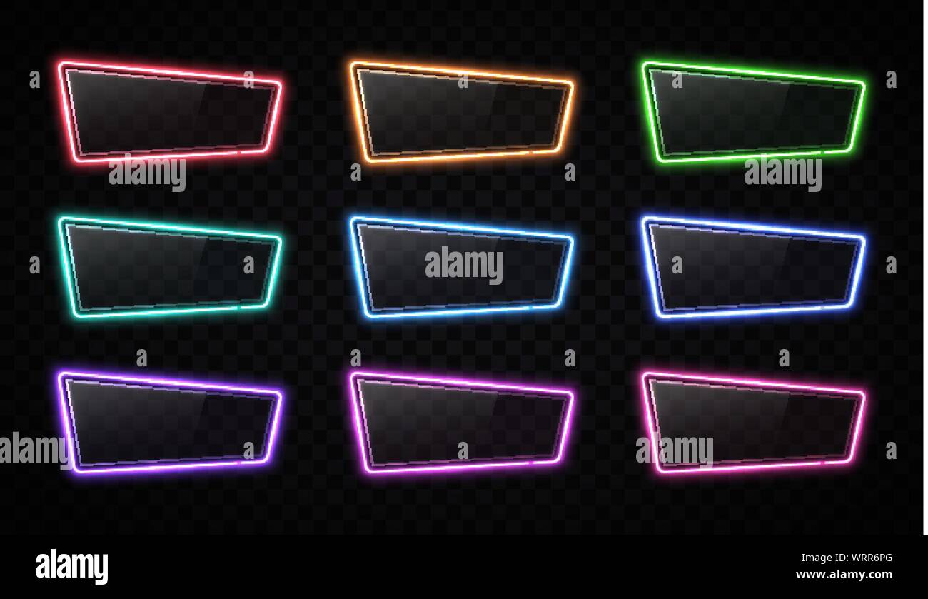 Colorful neon frame set with glossy plastic plate on dark transparent ...