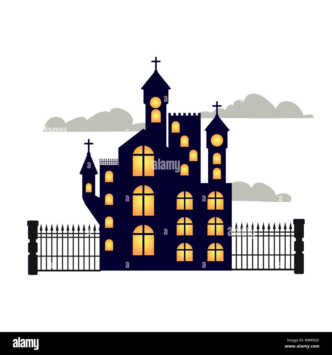 scary halloween castle with lights on white background Stock Vector ...