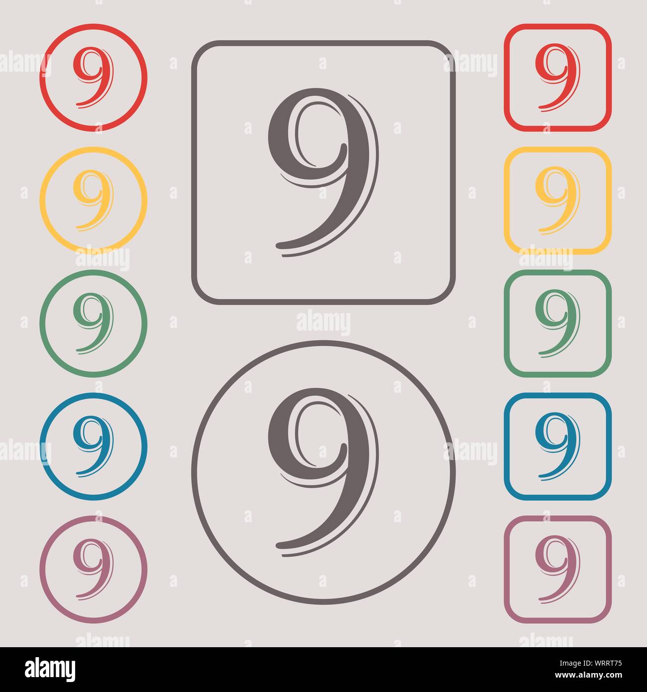 number Nine icon sign. Symbols on the Round and square buttons with ...