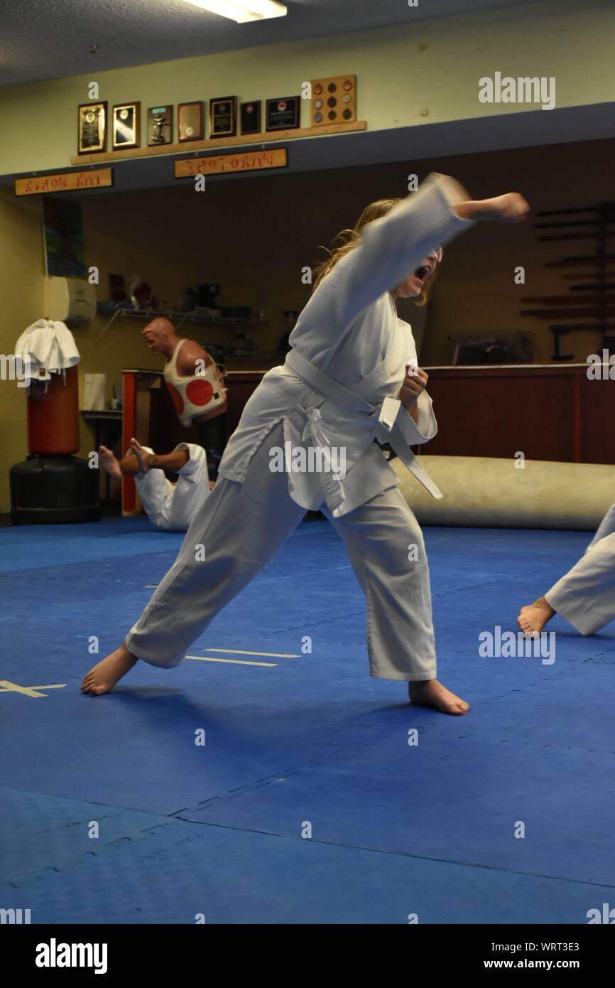 This action photo is of my daughter in her Karate class. Karate is a ...