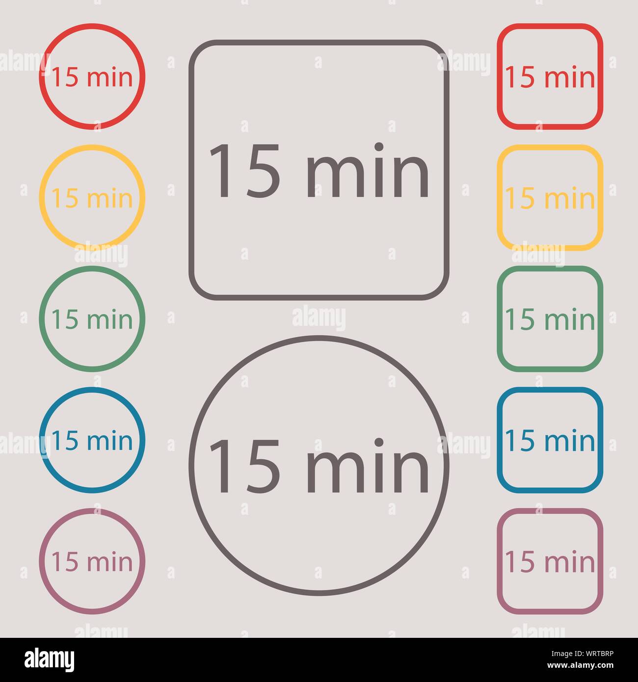 fifteen minutes sign icon. Symbols on the Round and square buttons with ...