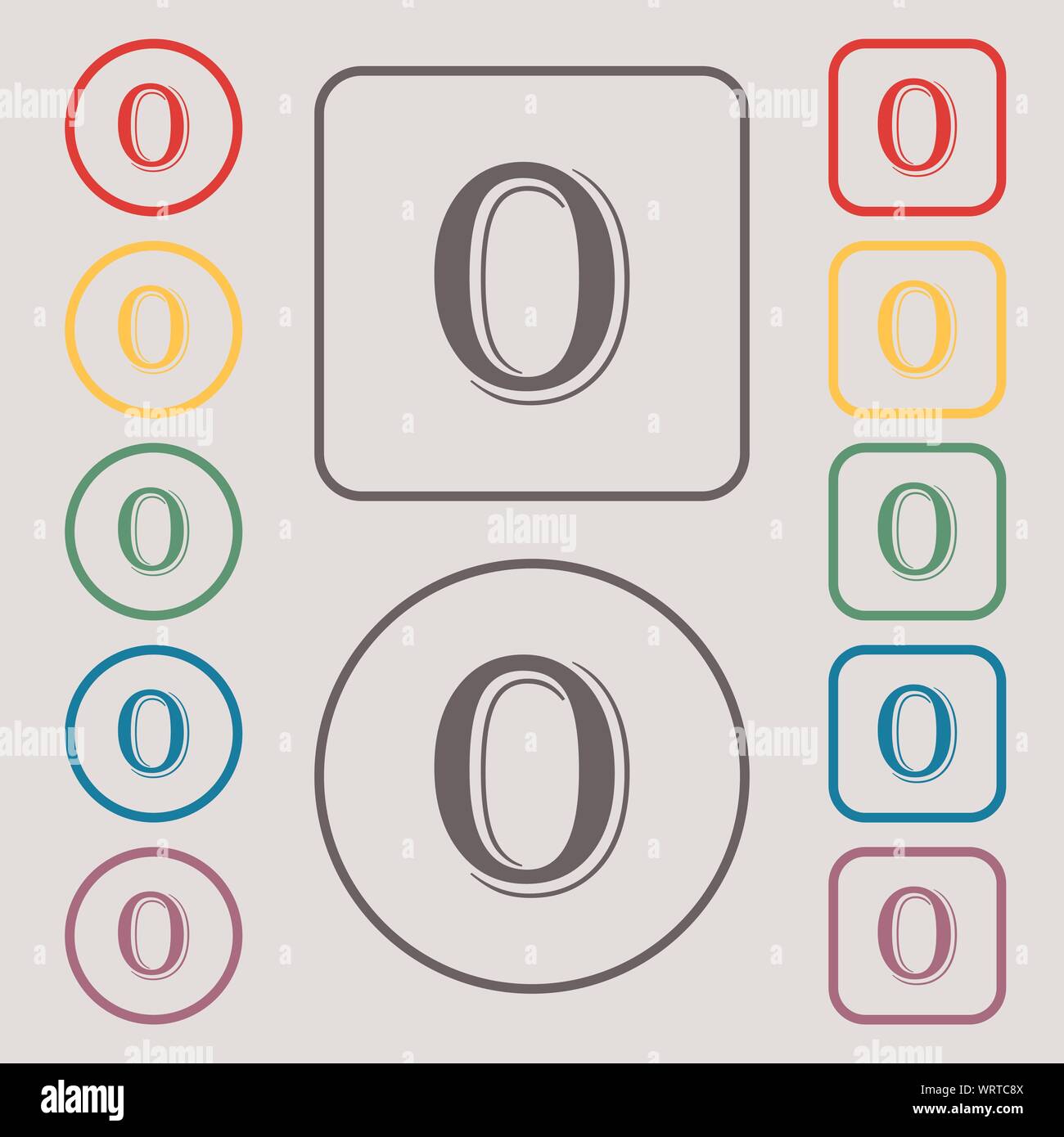 number zero icon sign. Symbols on the Round and square buttons with ...
