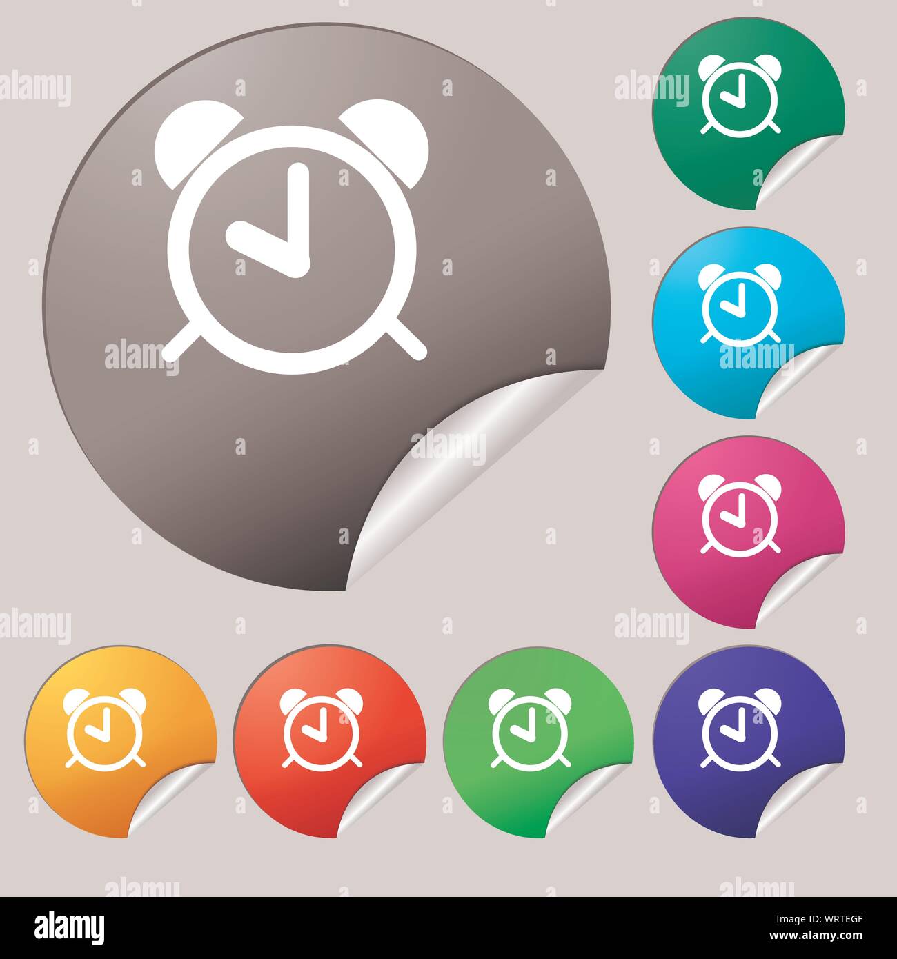 Alarm clock sign icon. Wake up alarm symbol. Set of eight multi colored ...