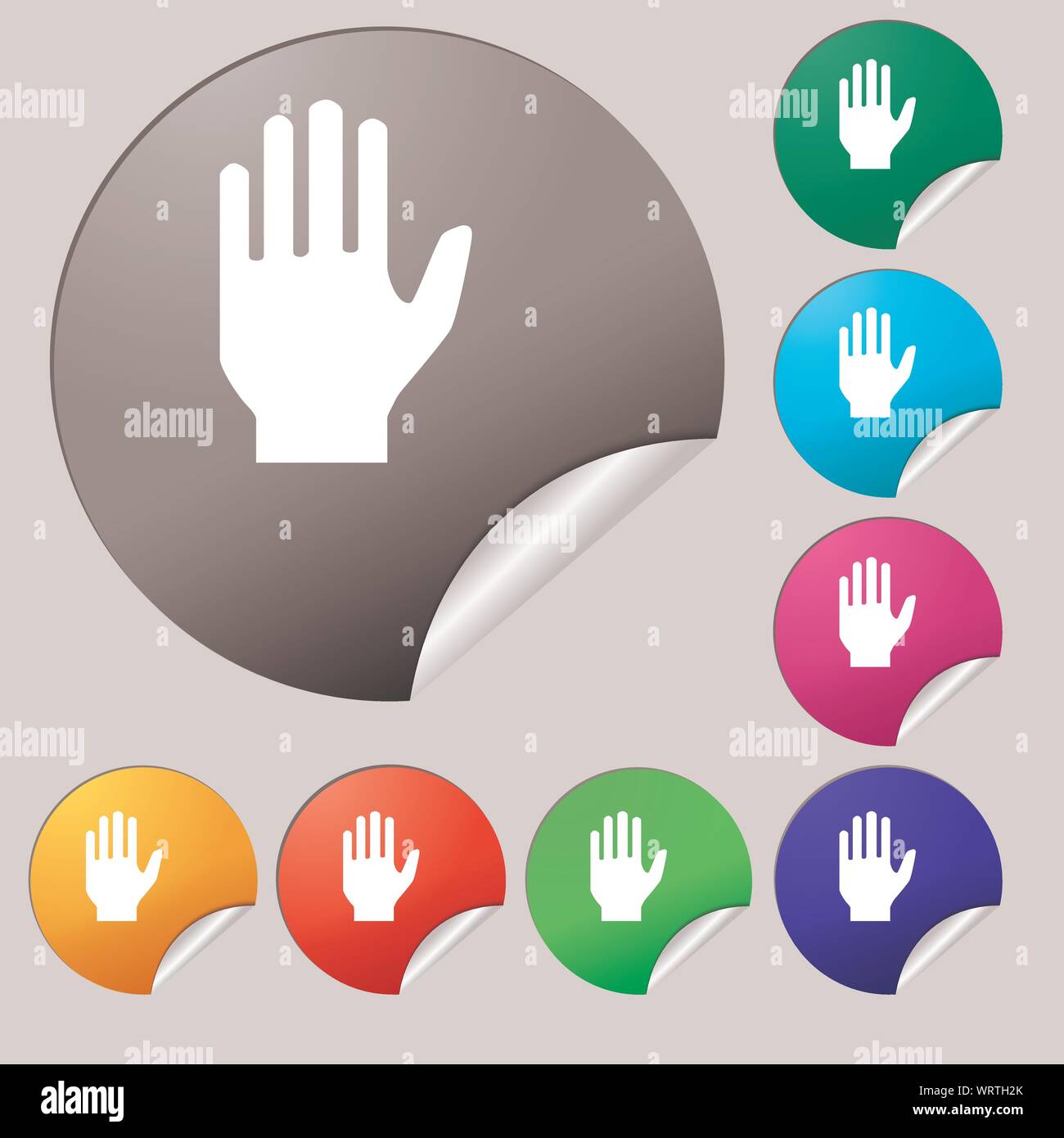 Hand print sign icon. Stop symbol. Set of eight multi colored round ...