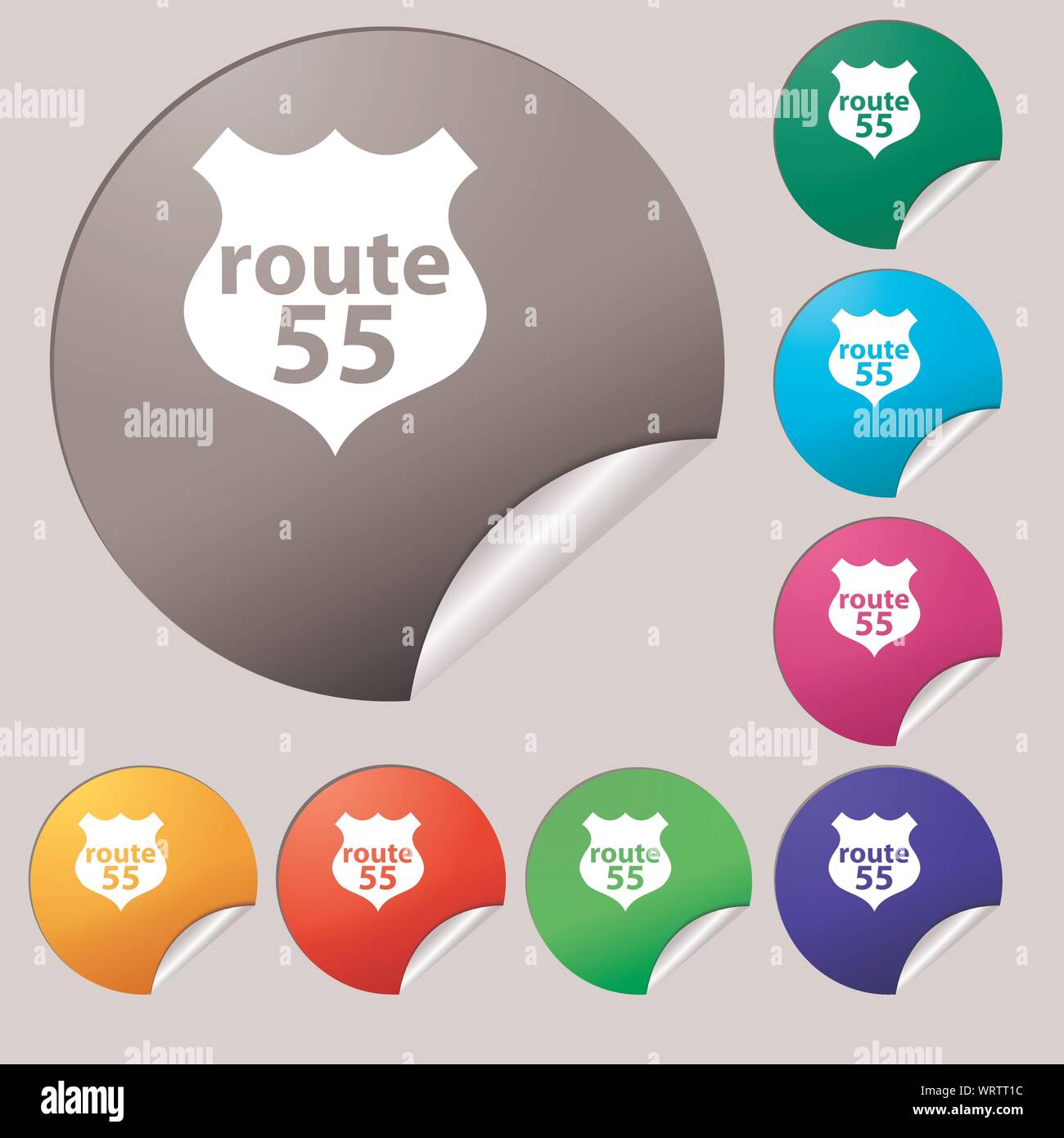 Route 55 highway icon sign. Set of eight multi colored round buttons ...