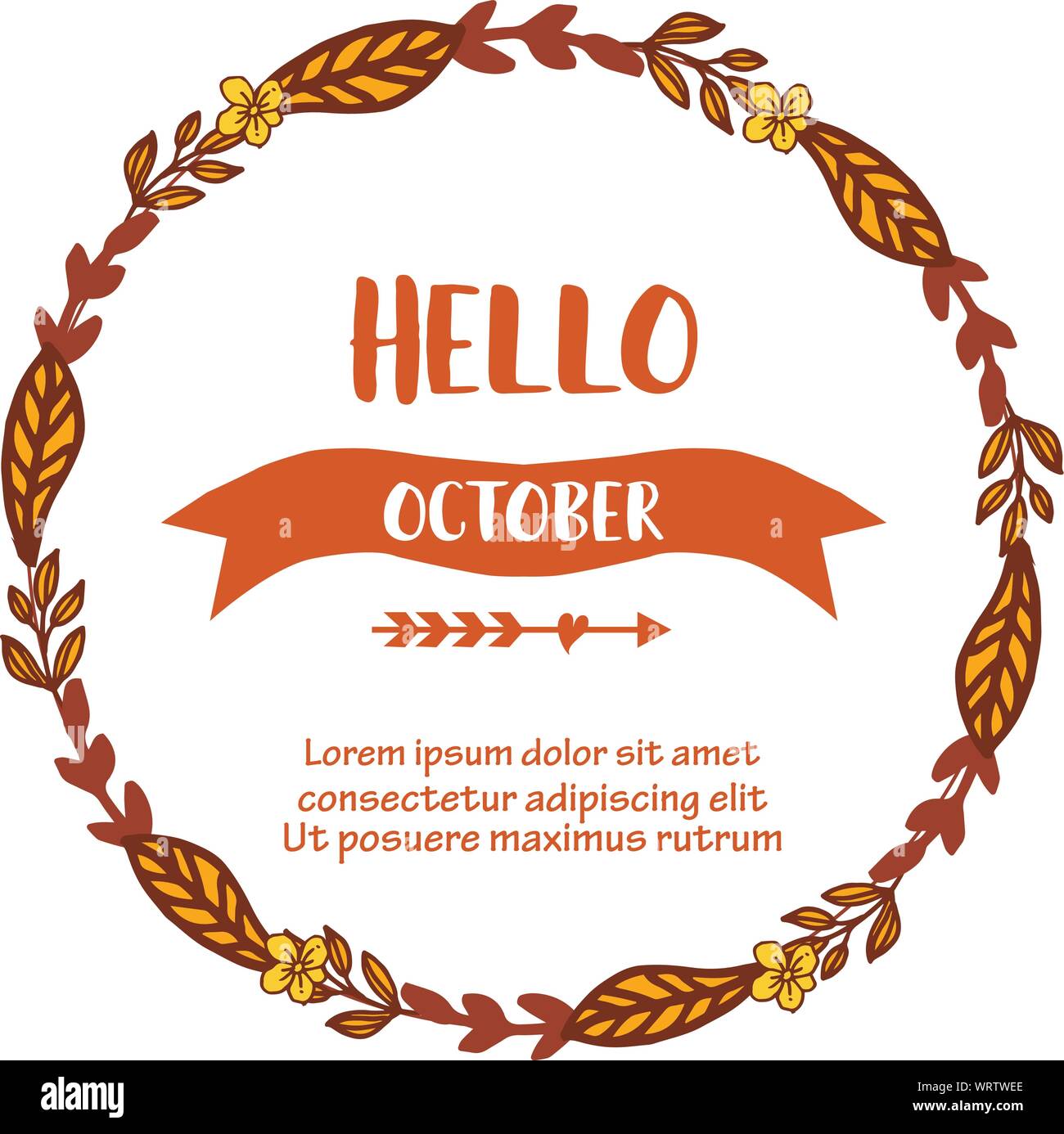 Text card hello october with hand drawing of autumn flower frame ...