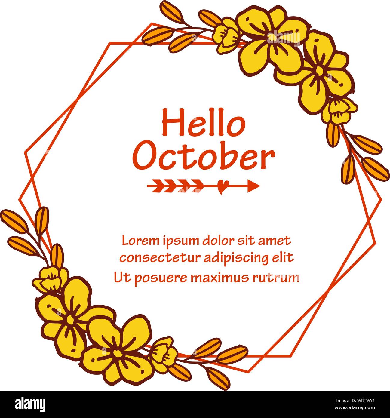 Text card hello october with hand drawing of autumn flower frame ...