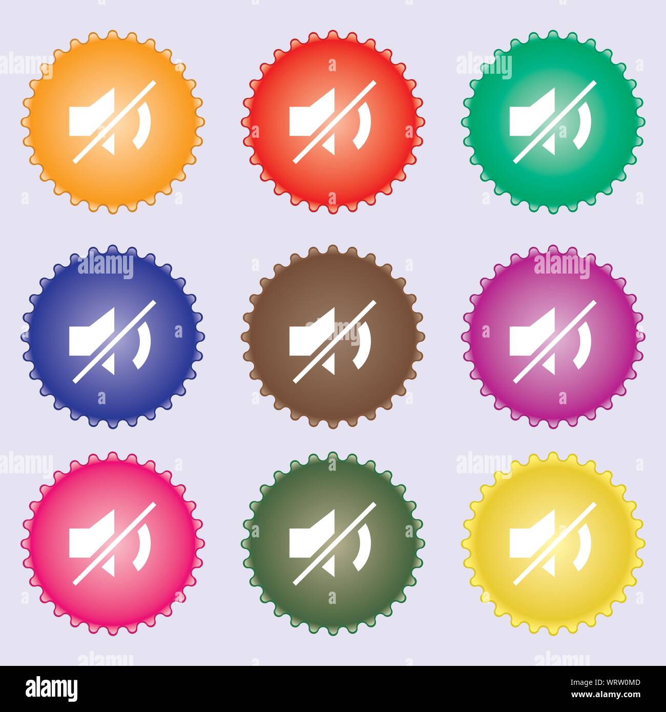 Mute speaker sign icon. Sound symbol. A set of nine different colored ...