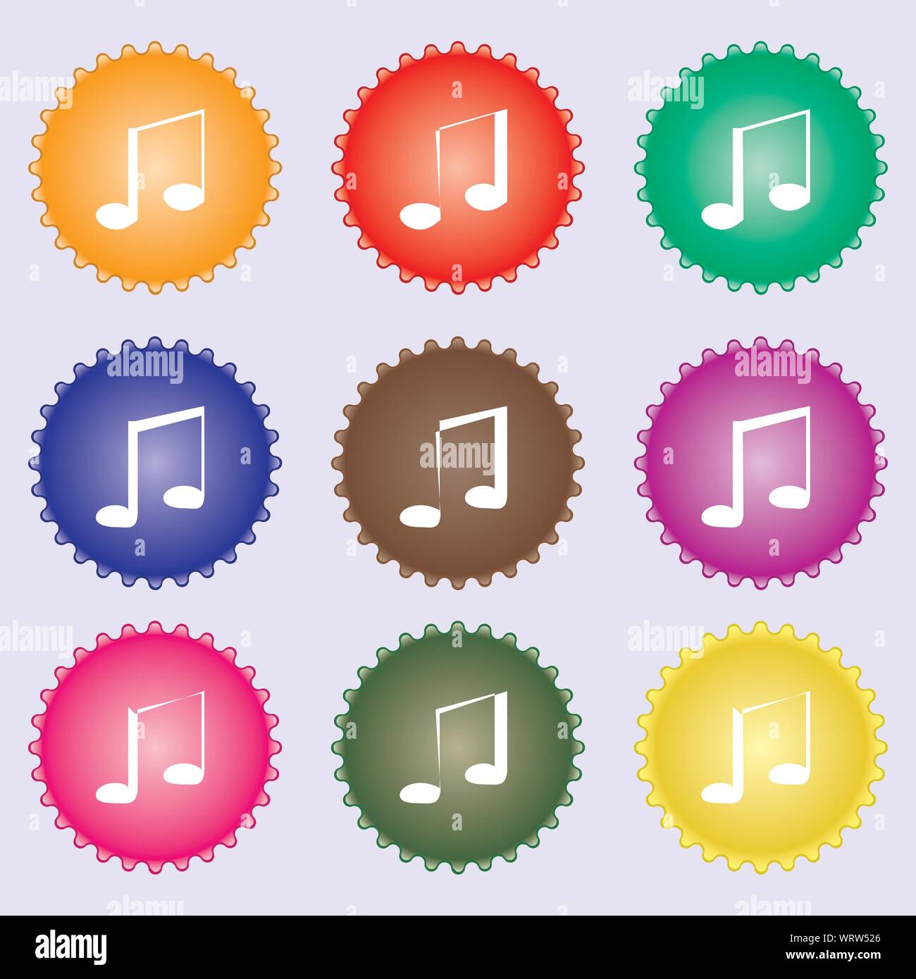 Music note sign icon. Musical symbol. A set of nine different colored ...