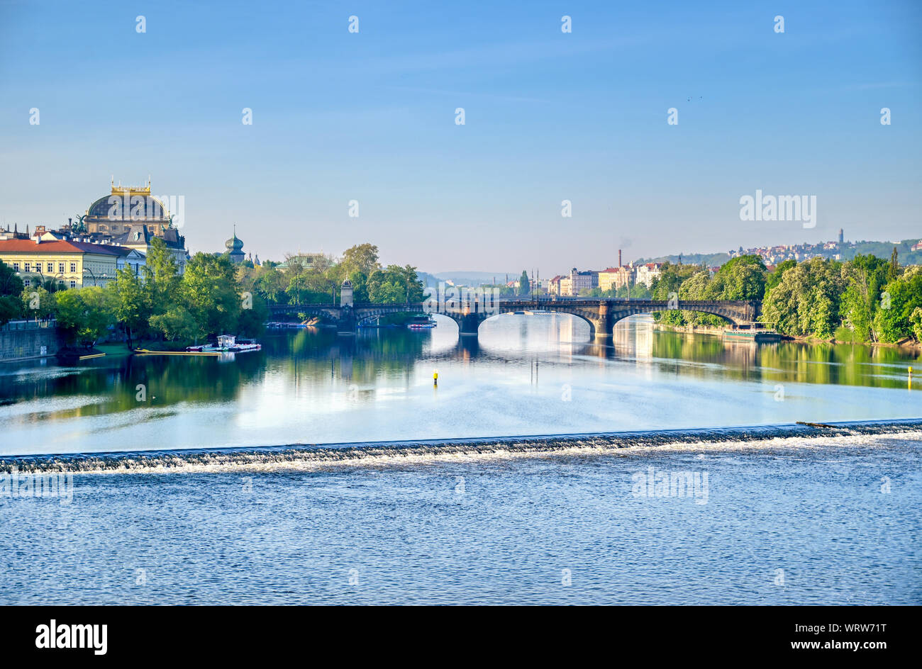 Early morning view of the along the Vltava River in the city of Prague ...