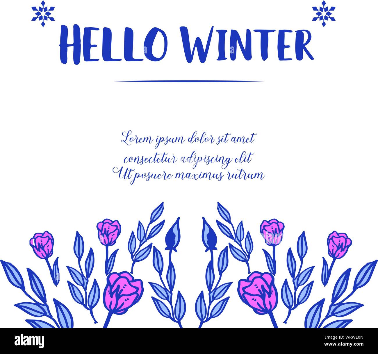 Handdrawn greeting card of hello winter, with abstract flower frame ...