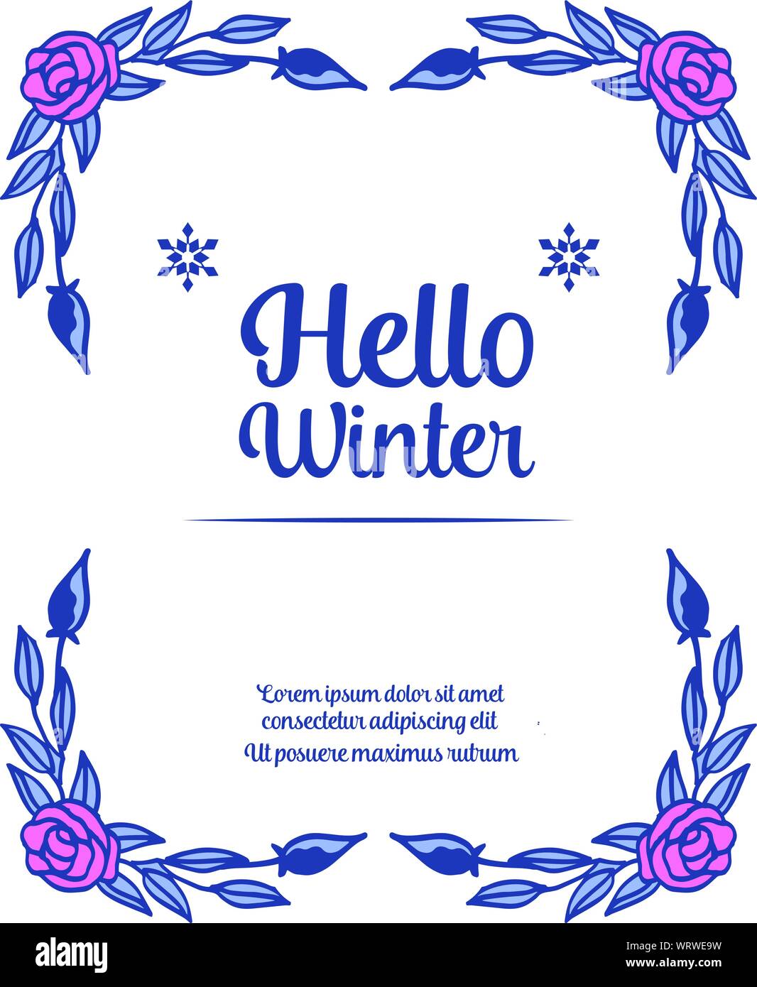 Handdrawn greeting card of hello winter, with abstract flower frame ...