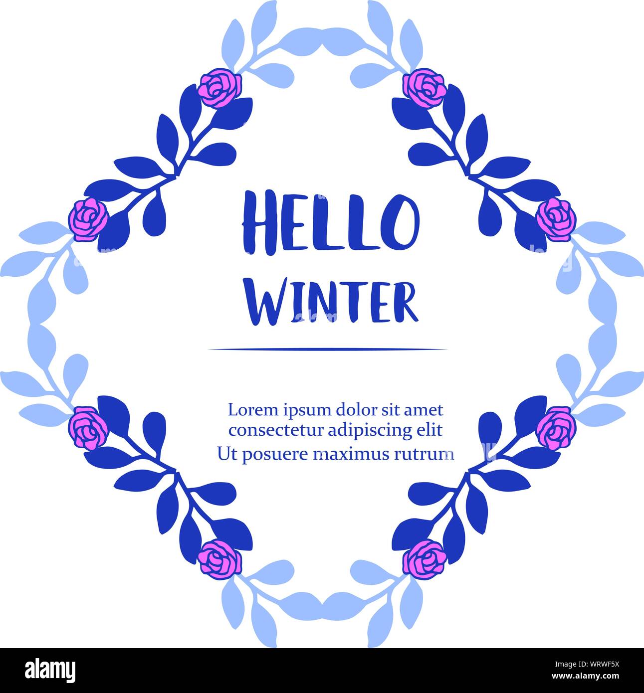 Handdrawn greeting card of hello winter, with abstract flower frame ...