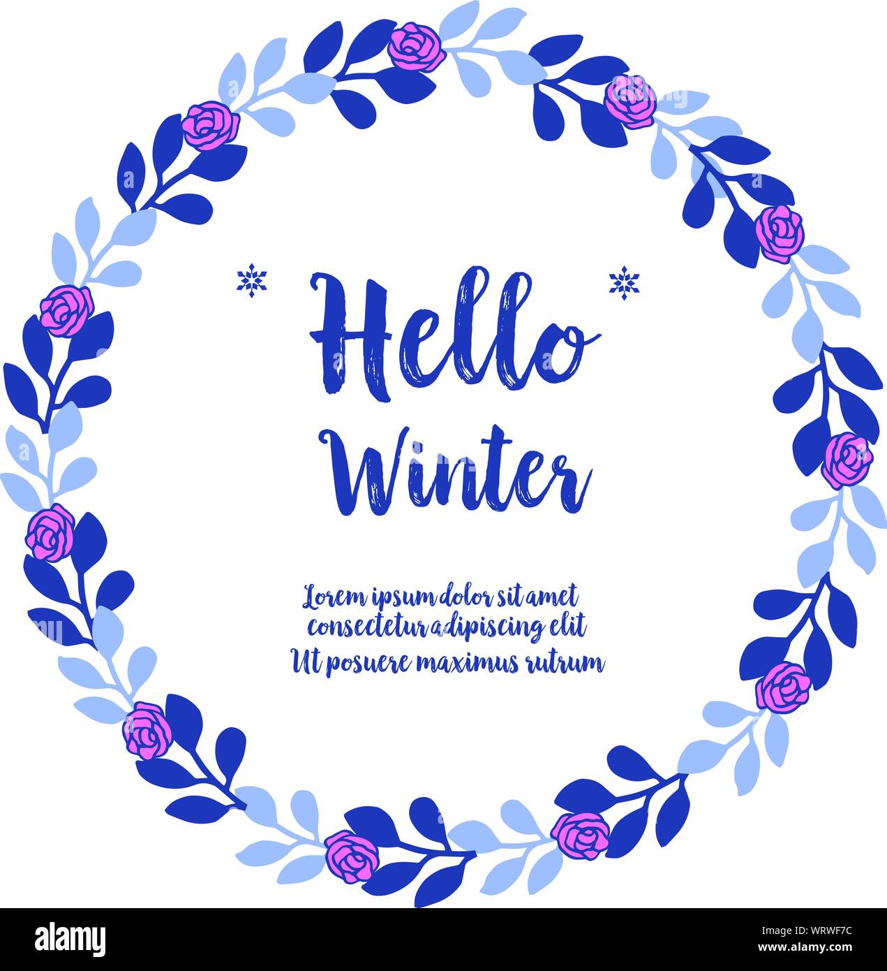 Handdrawn greeting card of hello winter, with abstract flower frame ...