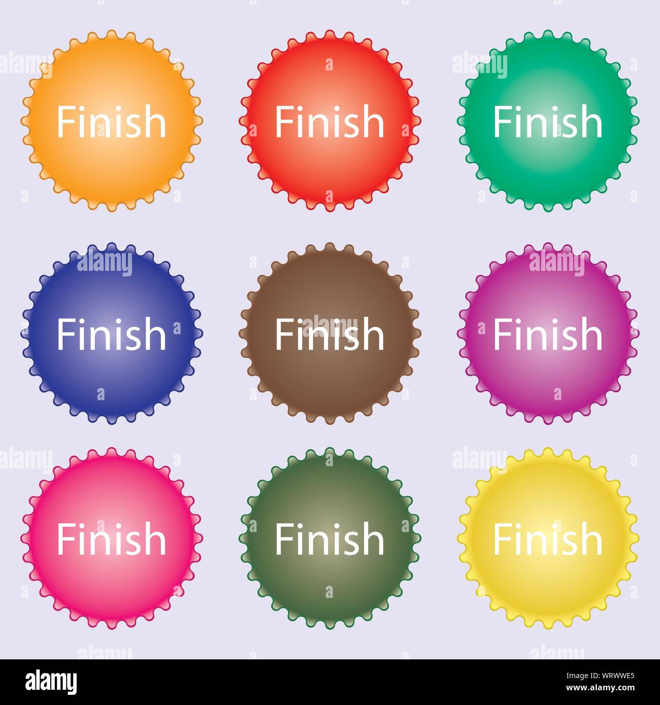 Finish sign icon. Power button. A set of nine different colored labels ...