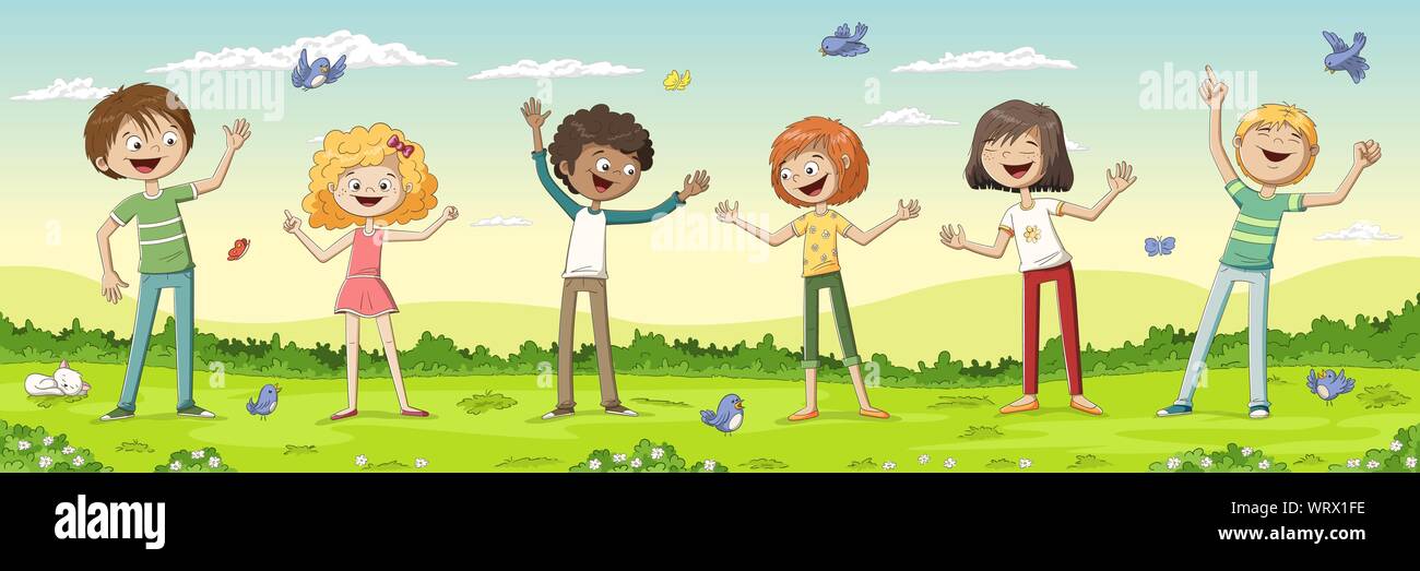 Six happy kids having fun. Hand draw vector illustration with separate ...