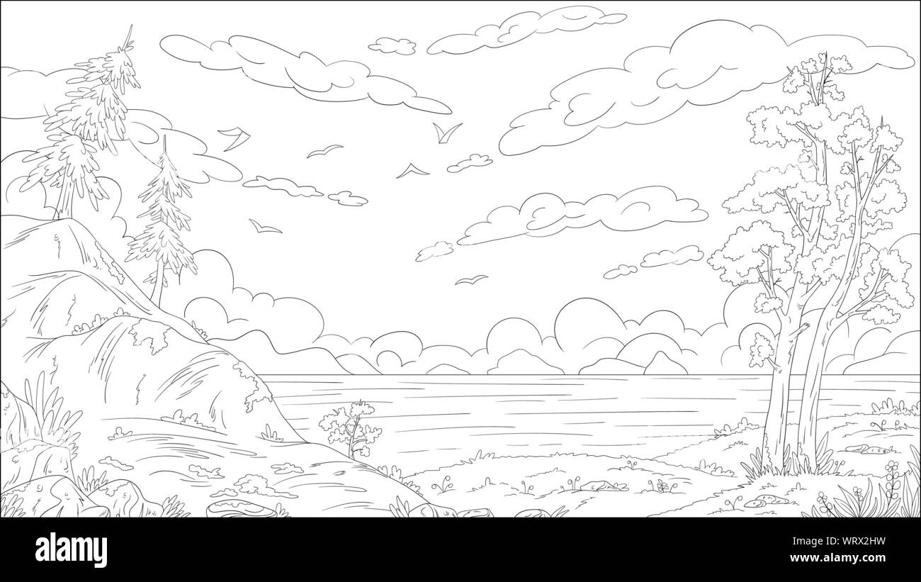Coloring book landscape. Hand draw vector illustration with separate ...