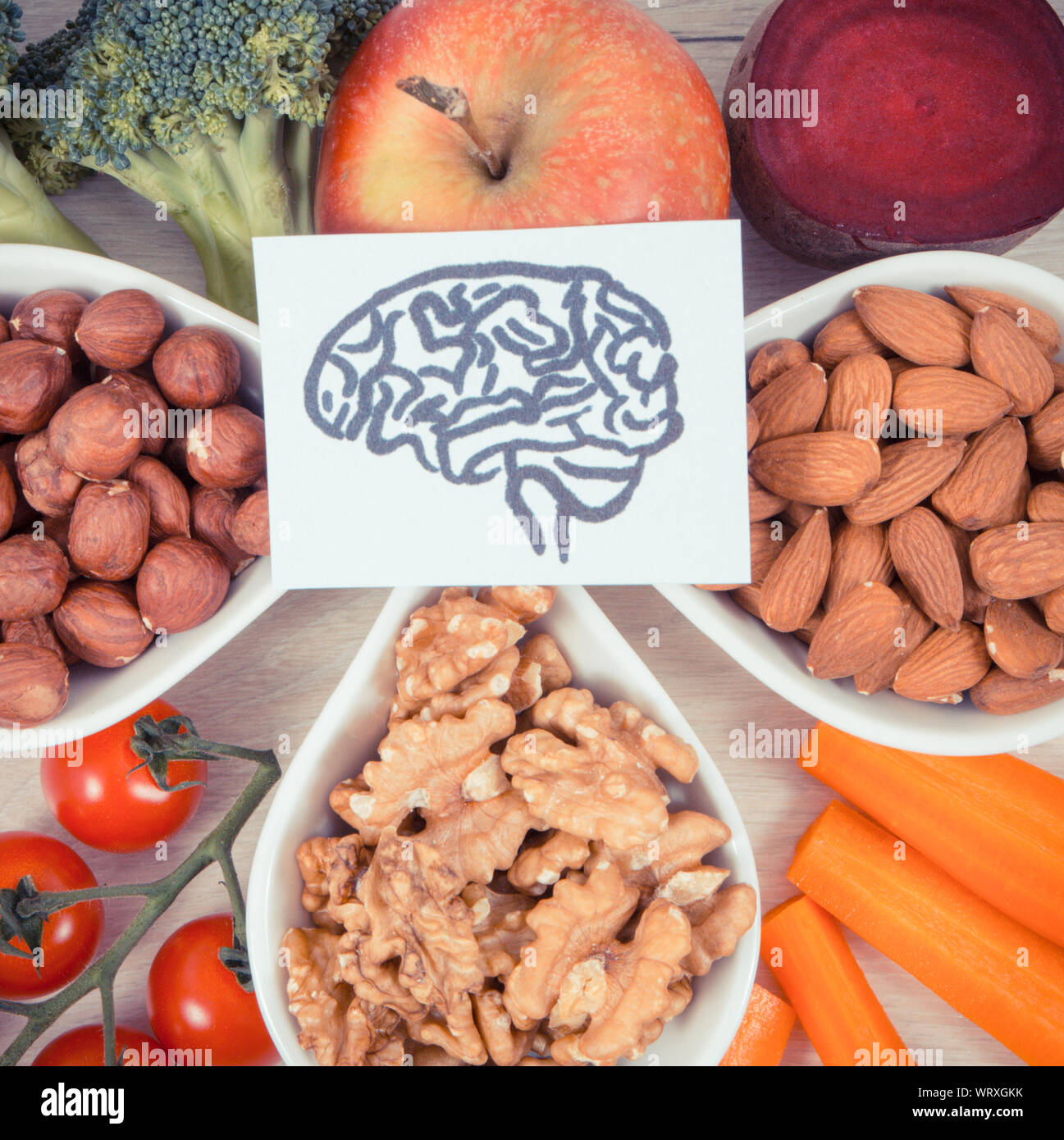 Vintage photo, Drawing of brain and best food for health and good ...