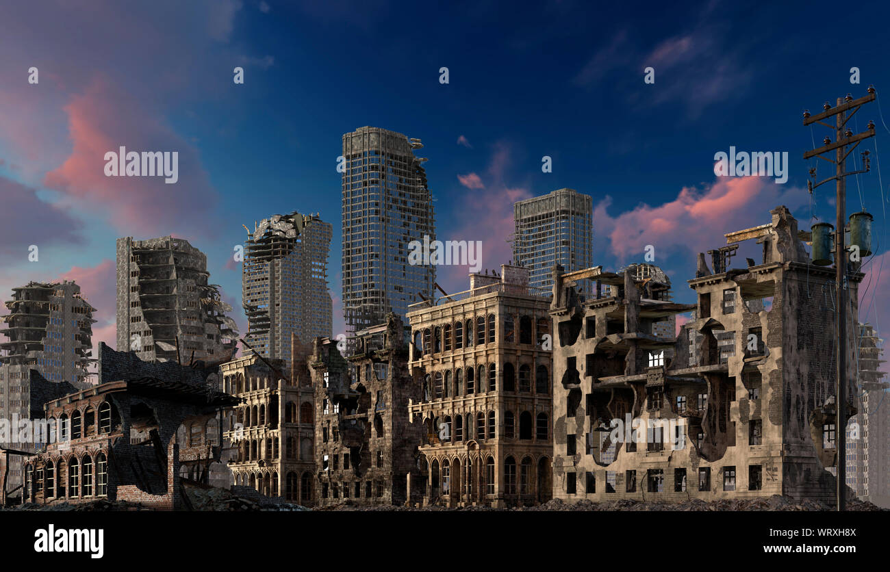 3D illustration ruins of a city apocalyptic landscape concept Stock ...