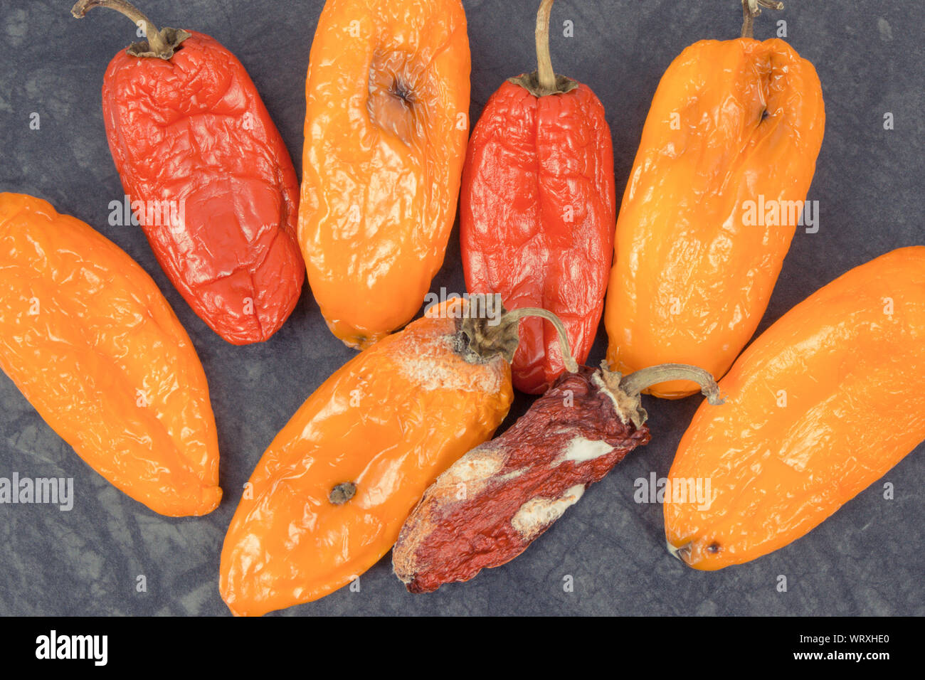 Old wrinkled moldy peppers on dark background, concept of unhealthy and ...