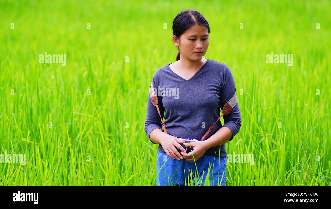 Portrait of a woman walking in a rice field photo Stock Photo - Alamy
