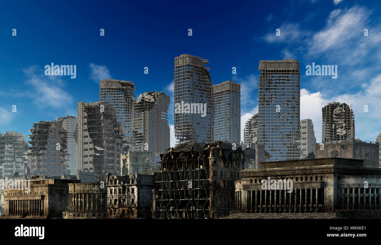 3D illustration ruins of a city apocalyptic landscape concept Stock ...