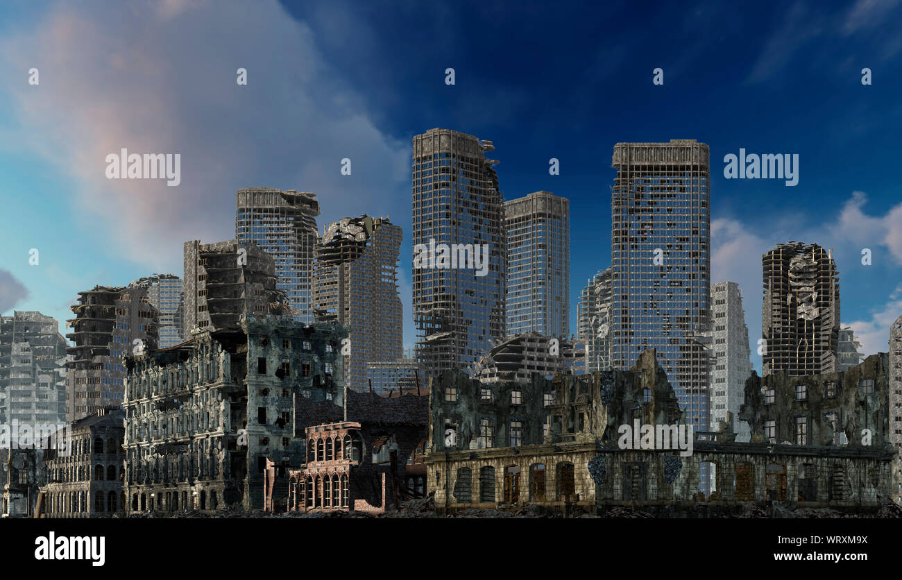 3D illustration ruins of a city apocalyptic landscape concept Stock ...
