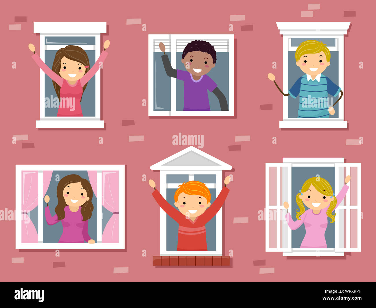 Illustration of Stickman Teenage Girl and Guys Waving from Windows in ...
