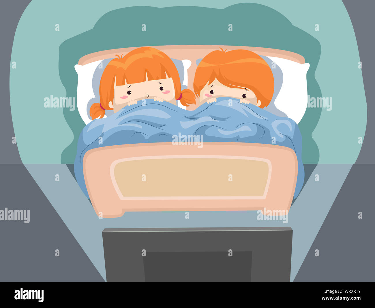 Illustration of Kids Lying Down in Bed Covered in Sheets and Watching a ...